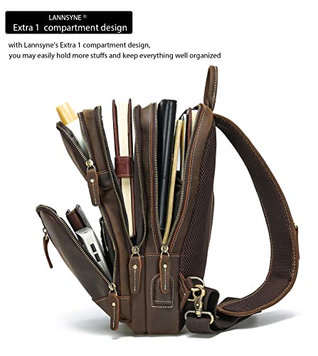 Lannsyne Small Vintage Leather Sling Bag For Men Crossbody Chest Daypack fits 10.5" iPad