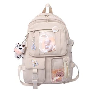 kawaii backpack with pins kawaii school backpack cute aesthetic backpack cute kawaii backpack for school (beige,with accessories)