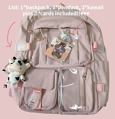 Kawaii Backpack with Pins Kawaii School Backpack Cute Aesthetic Backpack Cute Kawaii Backpack for School (Beige,With Accessories)