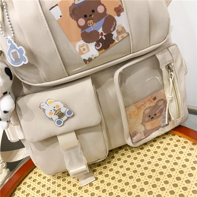 Kawaii Backpack with Pins Kawaii School Backpack Cute Aesthetic Backpack Cute Kawaii Backpack for School (Beige,With Accessories)