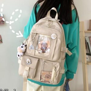 Kawaii Backpack with Pins Kawaii School Backpack Cute Aesthetic Backpack Cute Kawaii Backpack for School (Beige,With Accessories)