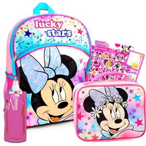 walt disney studio minnie mouse backpack with lunch box for girls, kids ~ 5 pc bundle with 16inch minnie school bag, lunch box, stickers, and more (minnie mouse school supplies)