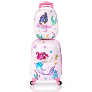 vlive kid luggage w/wheels for girls, toddler rolling 16in suitcase w/12in backpack, girl travel carry-on(mermaid)