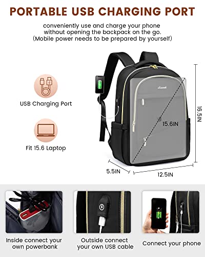 LOVEVOOK Laptop Backpack for Women, Black Business Travel Backpacks with USB Port, Water Resistant Work Teacher Computer Bag, Stylish College School Bookbag, Fits 15.6" Laptop