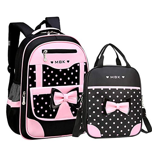 2Pcs Bowknot Wave Point Prints Primary School Bookbag Kids School Backpack Sets for Girls