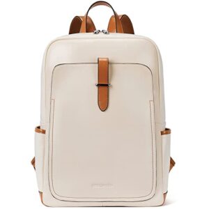 bostanten leather laptop backpack for women,15.6 inch computer backpack purse college daypack work travel bag beige-white