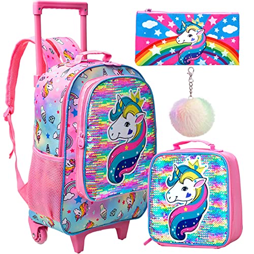 AGSDON 3PCS Rolling Backpack for Girls, Kids Roller Wheels Bookbag, Wheeled School Bag with Lunch Bag - Unicorn