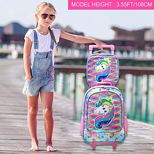 AGSDON 3PCS Rolling Backpack for Girls, Kids Roller Wheels Bookbag, Wheeled School Bag with Lunch Bag - Unicorn