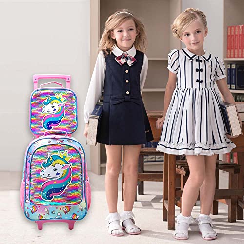 AGSDON 3PCS Rolling Backpack for Girls, Kids Roller Wheels Bookbag, Wheeled School Bag with Lunch Bag - Unicorn