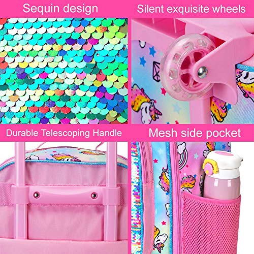 AGSDON 3PCS Rolling Backpack for Girls, Kids Roller Wheels Bookbag, Wheeled School Bag with Lunch Bag - Unicorn