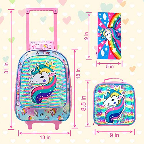 AGSDON 3PCS Rolling Backpack for Girls, Kids Roller Wheels Bookbag, Wheeled School Bag with Lunch Bag - Unicorn