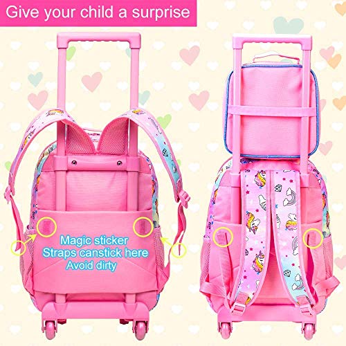 AGSDON 3PCS Rolling Backpack for Girls, Kids Roller Wheels Bookbag, Wheeled School Bag with Lunch Bag - Unicorn