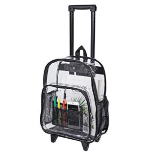 rolling clear backpack, heavy duty see through bookbag, transparent pvc cold-resistant backpack with wheels ( black)