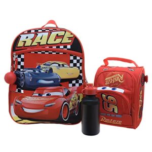 disney pixar cars girls & boys 4 piece backpack set for kindergarten, school bag with front zip pocket, mesh side pockets, lightning mcqueen 3d insulated lunch box, water bottle, & squish ball dangle