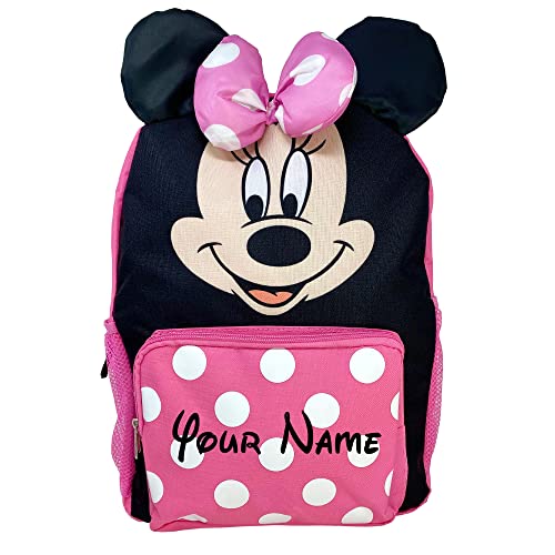 Personalized Minnie Mouse Face with Minnie Bow Pink with White Polka Dots Back to School or Travel Book Bag Backpack - 16 inches