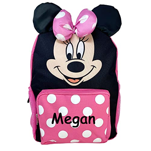 Personalized Minnie Mouse Face with Minnie Bow Pink with White Polka Dots Back to School or Travel Book Bag Backpack - 16 inches