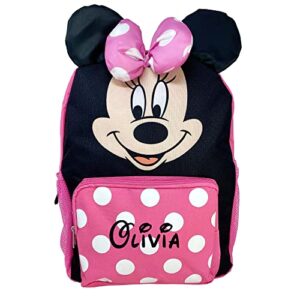 Personalized Minnie Mouse Face with Minnie Bow Pink with White Polka Dots Back to School or Travel Book Bag Backpack - 16 inches