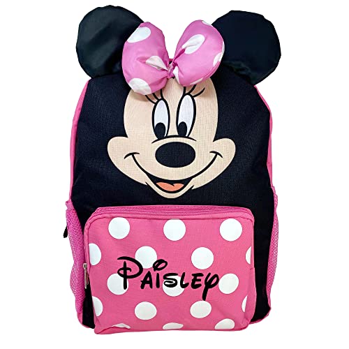 Personalized Minnie Mouse Face with Minnie Bow Pink with White Polka Dots Back to School or Travel Book Bag Backpack - 16 inches