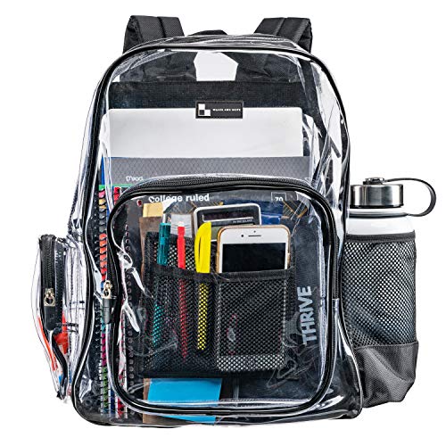 Heavy Duty Clear Backpack with Mesh Organizer, Clear Bookbag (Large, Black)