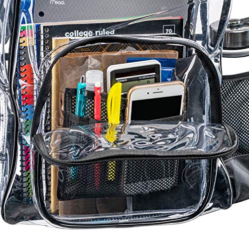 Heavy Duty Clear Backpack with Mesh Organizer, Clear Bookbag (Large, Black)