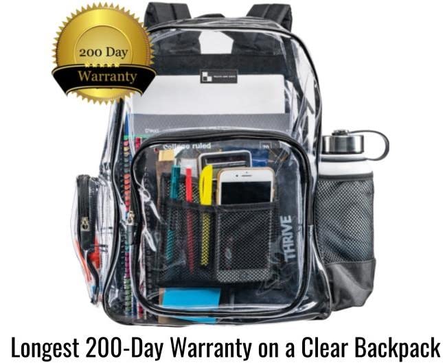 Heavy Duty Clear Backpack with Mesh Organizer, Clear Bookbag (Large, Black)