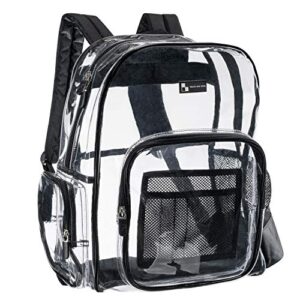 Heavy Duty Clear Backpack with Mesh Organizer, Clear Bookbag (Large, Black)