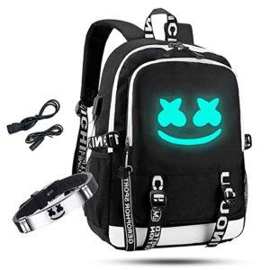 piesweety smile luminous backpack with usb charging port & bracelet, school laptop backpack dj music student daypack travel bag rucksack, black, large