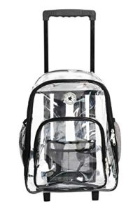 k-cliffs rolling clear backpack heavy duty bookbag quality see through workbag travel daypack transparent school book bags with wheels black