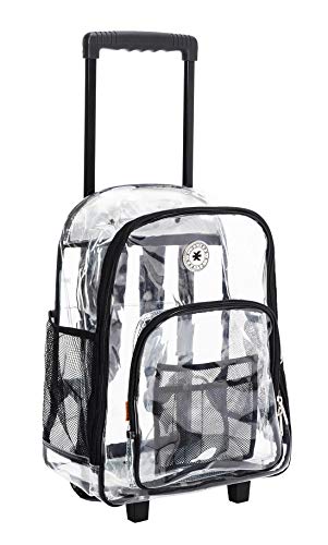 K-Cliffs Rolling Clear Backpack Heavy Duty Bookbag Quality See Through Workbag Travel Daypack Transparent School Book Bags with Wheels Black