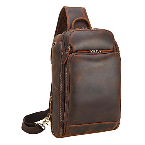 Polare Men's Sling Bag Travel Outdoor Daypack Backpack with Full Grain Leather Fits 13.3'' 14.1'' Laptop