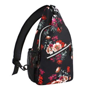 mosiso sling backpack,travel hiking daypack cottonrose crossbody shoulder bag, black, medium