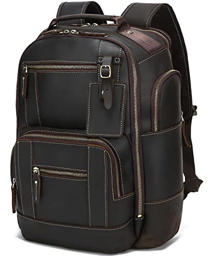 Taertii Mens Full Grain Genuine Leather 15.6 Laptop Backpack Large Capacity Weekender Overnight Camping Travel Rucksack 30L