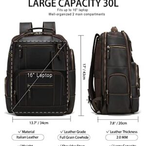 Taertii Mens Full Grain Genuine Leather 15.6 Laptop Backpack Large Capacity Weekender Overnight Camping Travel Rucksack 30L