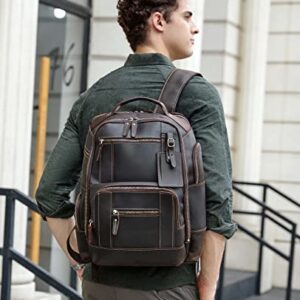 Taertii Mens Full Grain Genuine Leather 15.6 Laptop Backpack Large Capacity Weekender Overnight Camping Travel Rucksack 30L