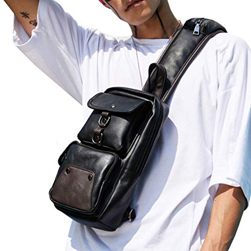 Leather Cool Sling Bag Crossbody Backpack for Men Women Outdoor Travel Camping Fishing Hunting Hiking Handbag Cross Body Shoulder Chest Pack Daypack