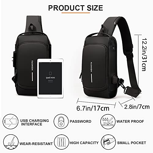 Dwenles Anti theft Crossbody Sling Bag ,Waterproof Chest Daypack with USB Charging, Shoulder Backpack for Men Women (Black)