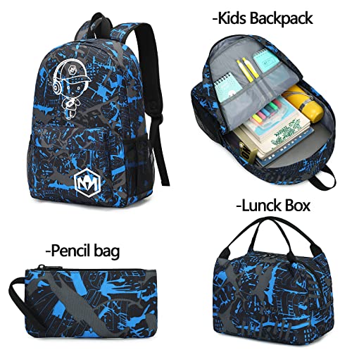 Bluboon School Backpack for Boys Teens Bookbag Travel Daypack Kids Girls Lunch Bag Pencil Case (Blue-3pcs)