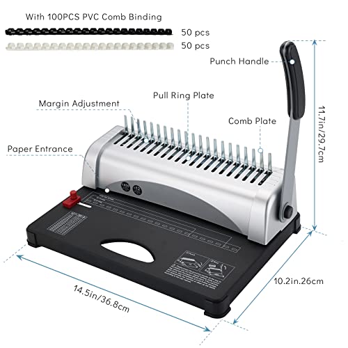 MYFULLY Comb Binding Machine, 21-Holes, 450 Sheets, Paper Punch Binder with Starter Kit 100 PCS PVC Comb Bindings Perfect for Letter Size, A4, A5 or Smaller Sizes Office Documents