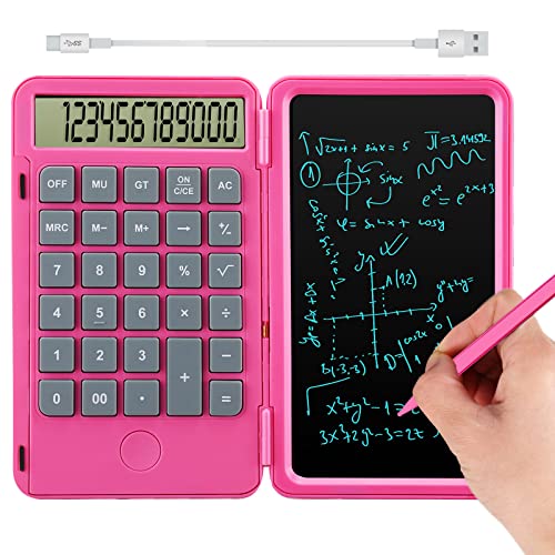 Hion Calculators,12-Digit Large Display Rechargeable Pocket Office Desktop Calculator with Erasable Wiriting Tablet,Mute Basic Desk Calculators with Doodle Pad for Student Home School,Pink