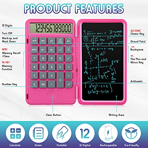 Hion Calculators,12-Digit Large Display Rechargeable Pocket Office Desktop Calculator with Erasable Wiriting Tablet,Mute Basic Desk Calculators with Doodle Pad for Student Home School,Pink