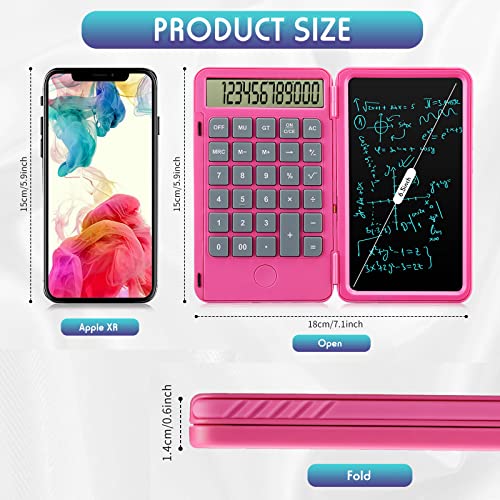 Hion Calculators,12-Digit Large Display Rechargeable Pocket Office Desktop Calculator with Erasable Wiriting Tablet,Mute Basic Desk Calculators with Doodle Pad for Student Home School,Pink