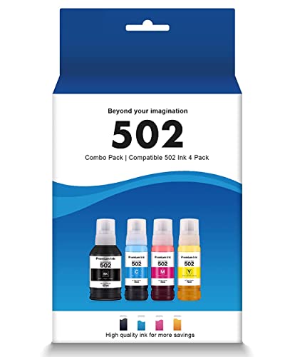 T502 502 Ink Ultra-high Capacity Refill Ink Bottle Color Combo Pack for Epson ET-2850 ET-3830 ET-3850 ET-2760 ET-3760 ET-15000 Printer (4 Pack)