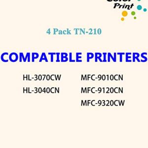 4-Pack ColorPrint Compatible TN210 Toner Cartridge Replacement for Brother TN-210 TN210BK Used for MFC-9325CW MFC 9320CW 9120CN 9125CN MFC-9010CN HL-3075CW HL 3070CW 3040CN 3045CN Printer (BK,C,M,Y)