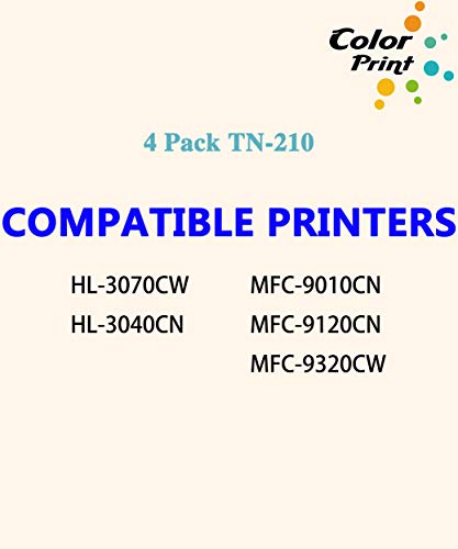 4-Pack ColorPrint Compatible TN210 Toner Cartridge Replacement for Brother TN-210 TN210BK Used for MFC-9325CW MFC 9320CW 9120CN 9125CN MFC-9010CN HL-3075CW HL 3070CW 3040CN 3045CN Printer (BK,C,M,Y)