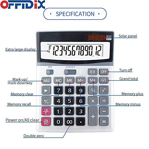 OFFIDIX Large Key Calculators Office Desktop Calculator, Dual Power Electronic Calculator Portable 12 Digit Large LCD Display Calculator Desk Calculator for Handheld for Daily and Basic Office