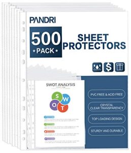 sheet protectors, pandri 500 pack clear heavy duty plastic page protectors sheet reinforced 11-hole fit for 3 ring binder fits standard 8.5 x 11 paper, 9.25 x 11.25 top loaded, acid free