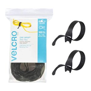 velcro brand one-wrap cable ties, 100pk, 8 x 1/2″ black cord organization straps, thin pre-cut design, wire management for organizing home, office and data centers