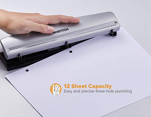 Bostitch Office 3 Hole Punch, 12 Sheet Capacity, All-Metal, Silver