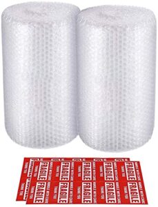 2-pack bubble cushioning wrap rolls packing materials, 3/16″ air bubble, 12 inch x 72 feet total, perforated every 12″, 20 fragile stickers included