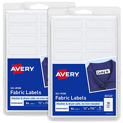 Avery No Iron Fabric Labels, 0.5” x 1.75”, Matte White, Handwrite Only, 2 Pack, 108 Labels Total (32130)